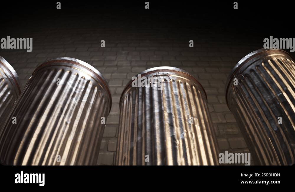 "Steel trash bins stacked together in an endless loop lit by dim light ...