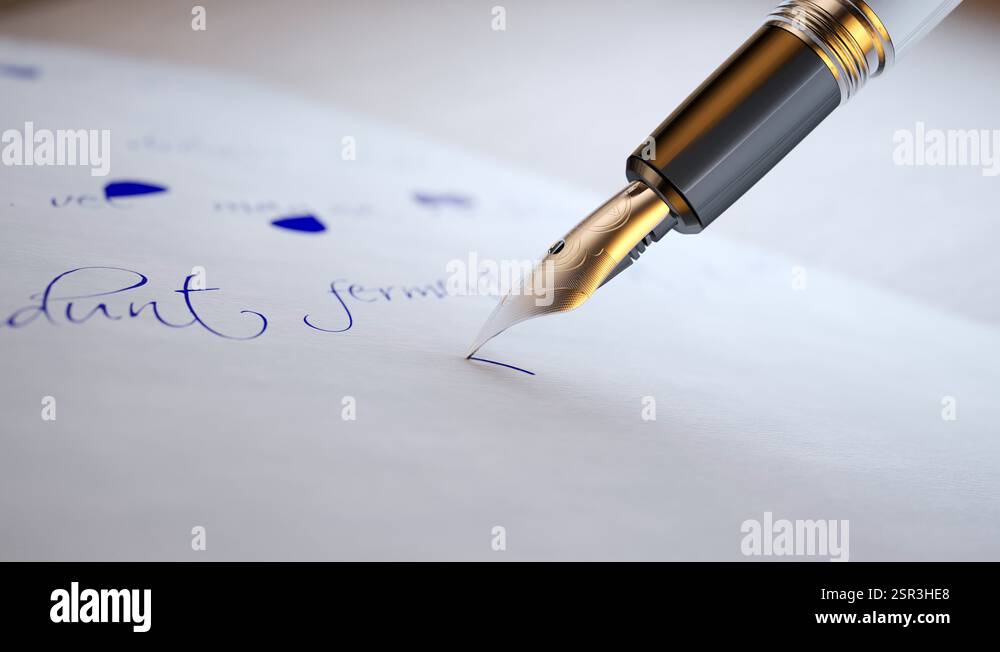 "Close up of a quill pen making a check sign with ink in an empty ...
