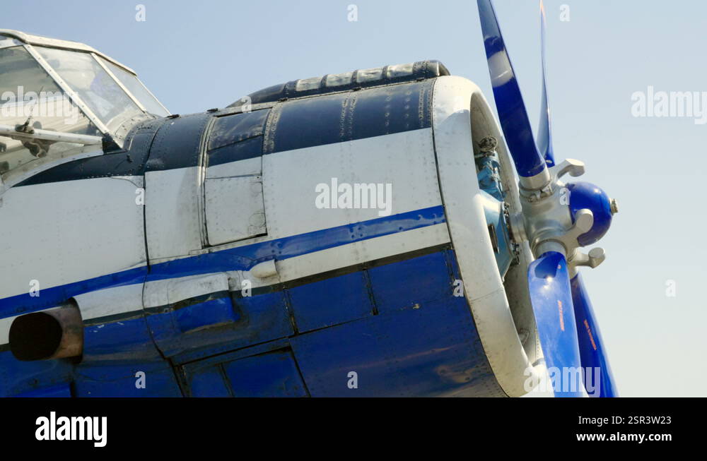 Medium shot of propeller of an old cargo aircraft located at the ...