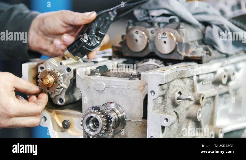 The mechanic's hands check the operability of the parts in the car ...