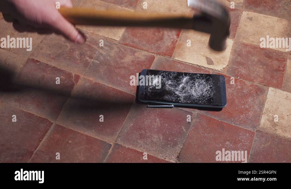 Hammer crash hitting a smartphone, broken touch screen glass slow ...