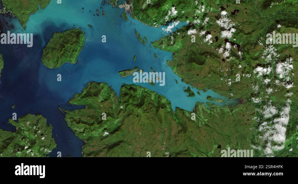 High-altitude aerial of archipelago of Prince of Wales Island, Alaska ...