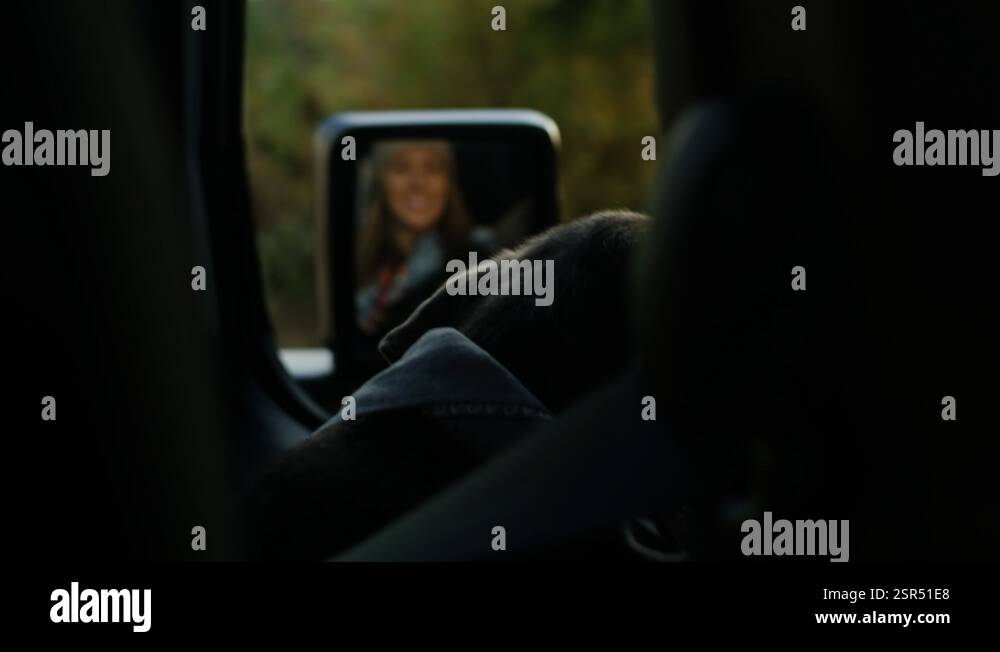 Puppy Leans Out Car Window, Happy Woman In Side Mirror Reflection, Slow Motion Stock Video ...