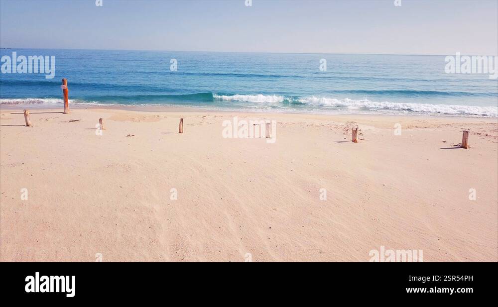 Aerial static view of Sea of Japan waves and empty sandy beach. Russia ...