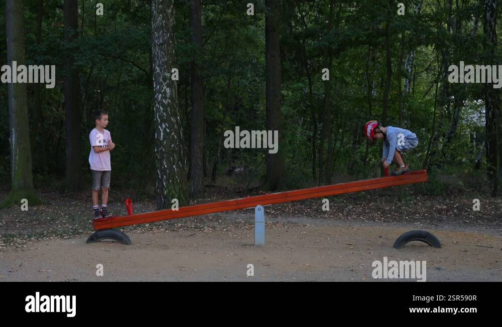 two brothers play on the balance swing Stock Video Footage - Alamy