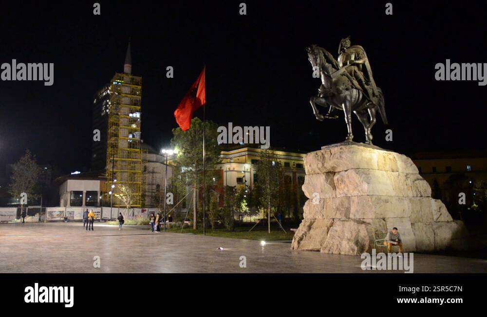 Tirana city centre, Skanderbeg square by night. Skanderbeg statue Stock ...