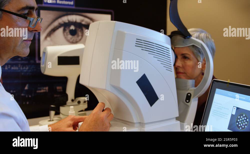 Optometrist examining patient eyes with autorefractors 4k Stock Video ...
