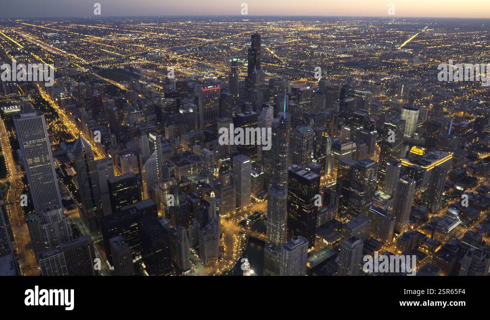 Chicago Circa-2015, downtown aerial view passing over the Chicago River ...