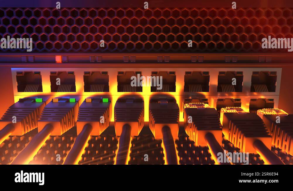 Many Internet cables connecting to switch port, Ethernet, high-speed ...