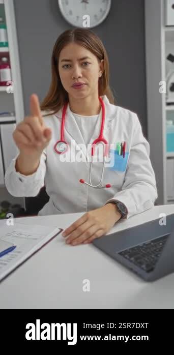 Doctor's stern expression, young caucasian woman in uniform points ...