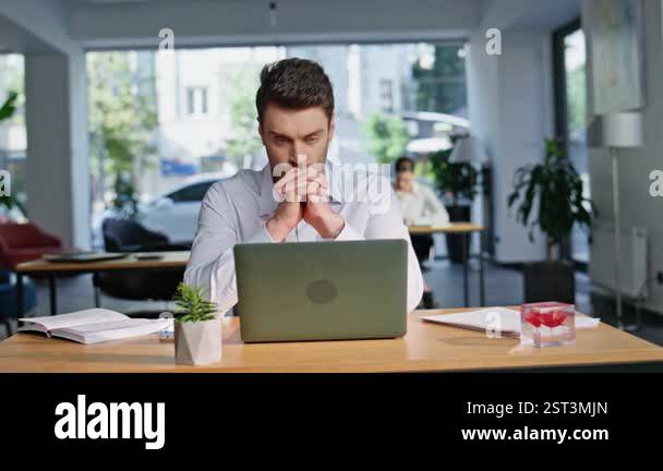 Pensive entrepreneur pondering solutions for business sitting modern ...
