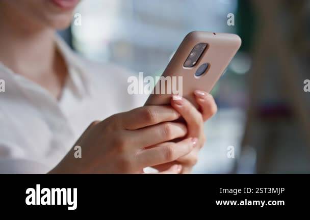 Lady hands texting mobile phone at workspace closeup. Smiling woman ...