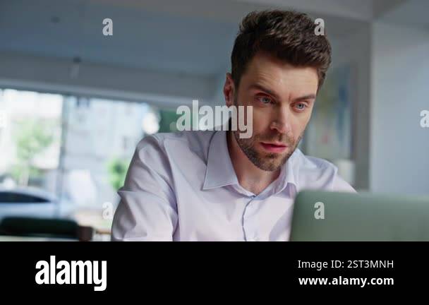 Frustrated freelancer working laptop worried problem closeup. Stressed ...