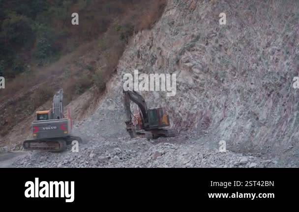 Feb'15th2025 Dehradun Uttarakhand India. Heavy rock breaking in ...