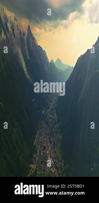 Drone Shot of Chamonix. Chamonix-Mont-Blanc is a resort town in France ...