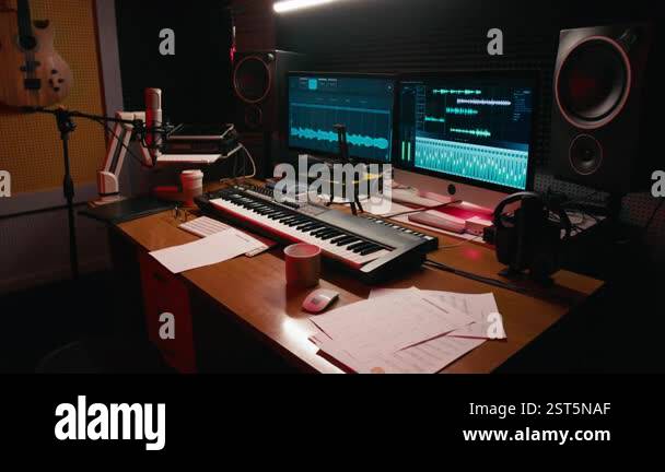 No people medium full shot of musicians desk at small home recording ...