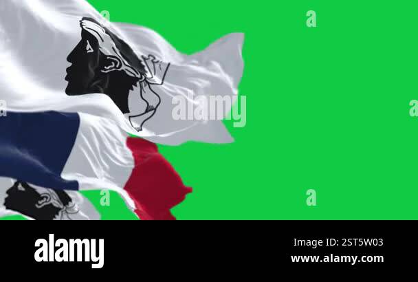 Flags of Corsica waving with national french flag isolated on green ...