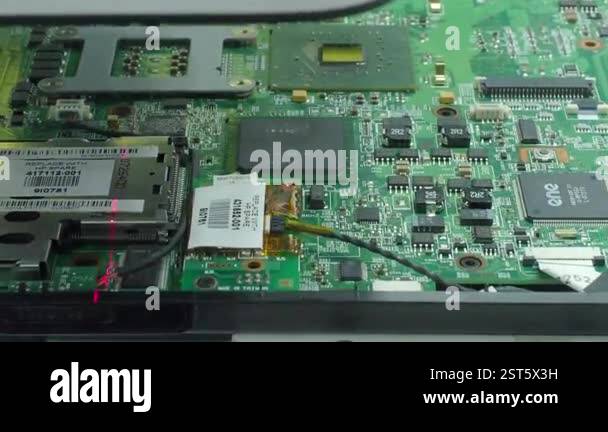 Laser scan for error close up of a computer motherboard. Scanning ...