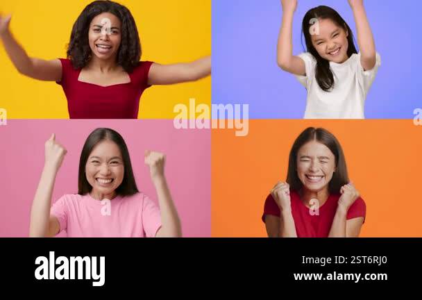 Four excited ladies express happiness with joyful gestures, celebrating ...