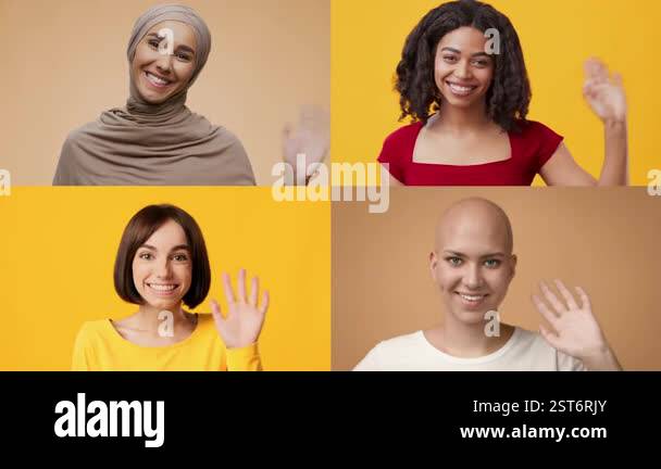Diverse group of people smiling and waving hand gestures, expressing ...