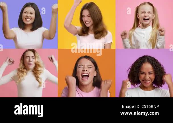 A collection of happy women expressing excitement and joy through ...