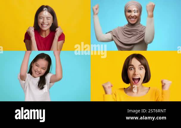 Four women express joy and excitement, showing gestures of victory and ...