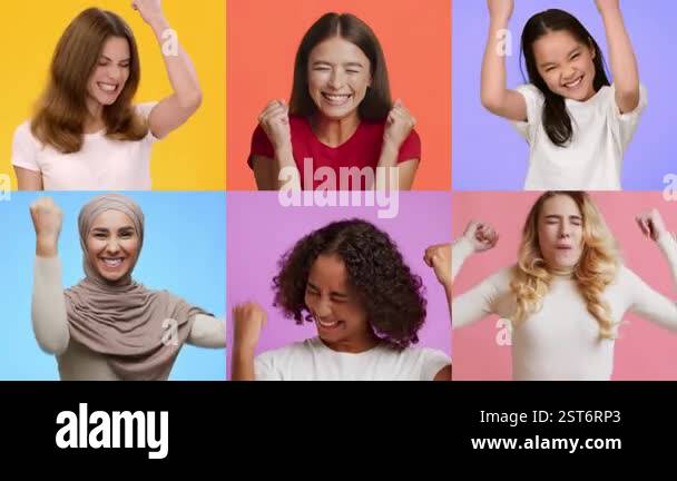 A collection of happy women from diverse backgrounds cheerfully ...