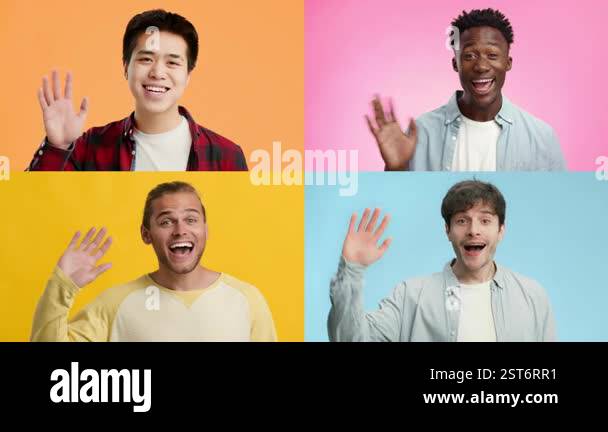 Four diverse individuals express joy through friendly waves and smiles ...