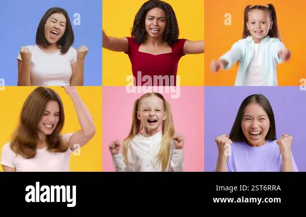 A group of women express their excitement and happiness through joyful ...