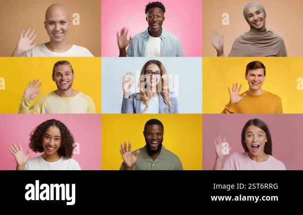 A collection of happy individuals from various backgrounds waving hello ...