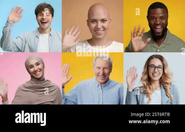 A collection of diverse individuals joyfully waving their hands in ...