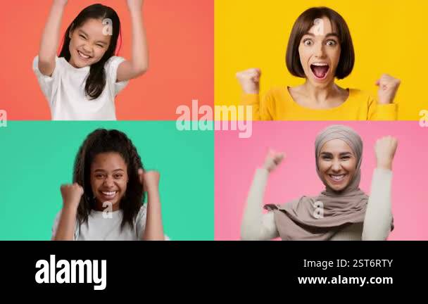 Diverse group of happy individuals expressing their excitement and ...