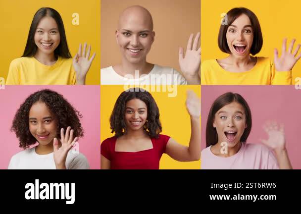 A joyful collection of six individuals from diverse backgrounds waving ...