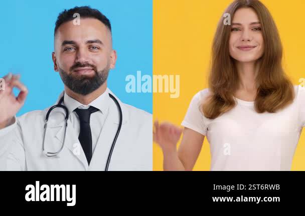 A multiracial doctor in a white coat gestures an OK sign, while a woman ...