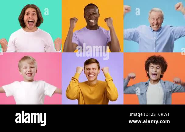 Six individuals express excitement and happiness, showcasing cheerful ...