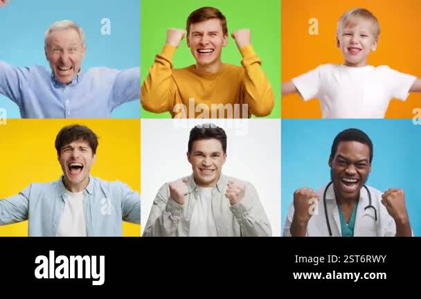 A cheerful group of six men shows expressions of joy and excitement ...