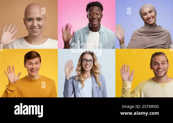 A diverse collection of individuals displays joyful hand waves ...
