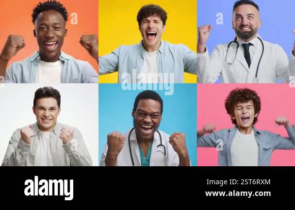 A collage of cheerful men and kid celebrating their success. Each ...