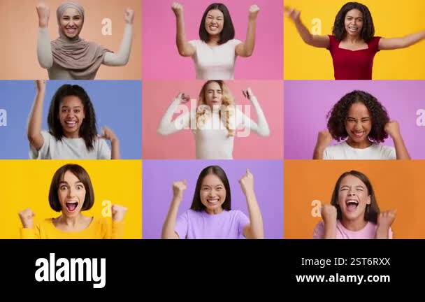 A collection of diverse women expressing excitement and happiness, each ...