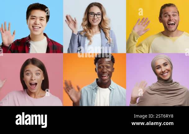 A collection of six diverse individuals happily waving hello against ...