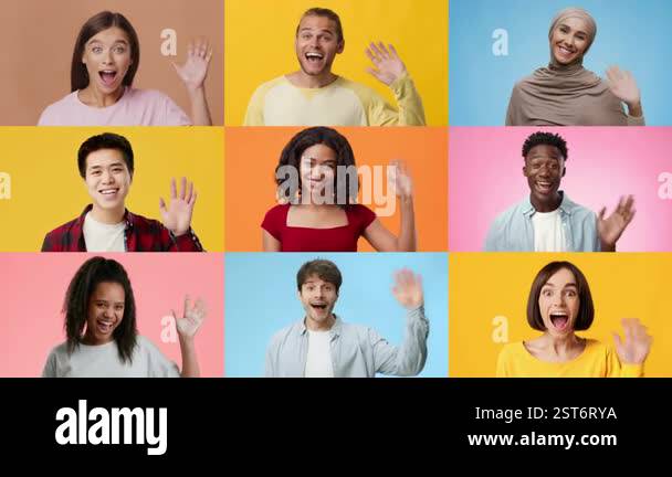 A joyful collection of nine multiracial individuals waves and smiles in ...