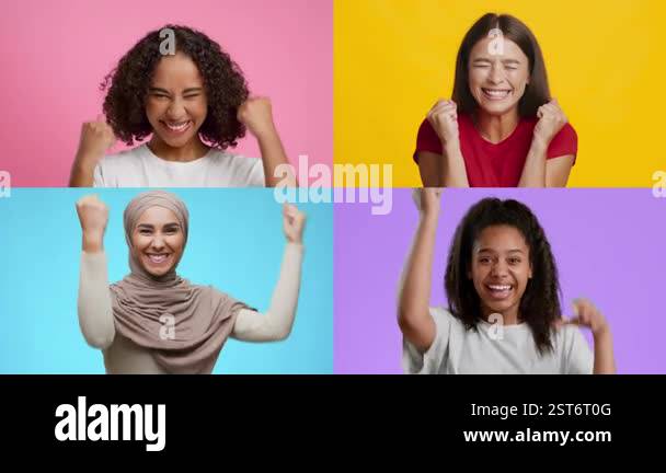 Women express their excitement and happiness with fists raised and big ...