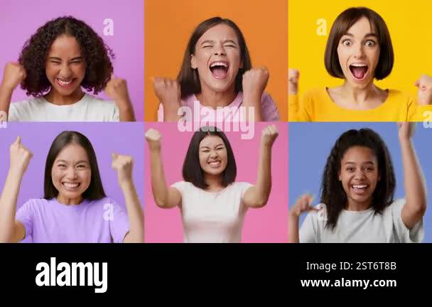 A group of cheerful women shows their excitement and happiness with ...