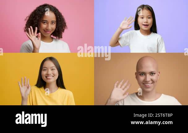 A collage showcases cheerful individuals waving their hands and smiling ...