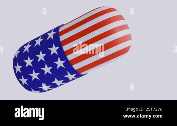 a 3D animation of a capsule-shaped pill showcases the flag of United ...