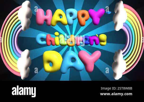 Happy childrens day 3d cartoon animation inflated text for ...