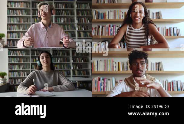 Split-screen collage four multiethnic students engaged in online class ...