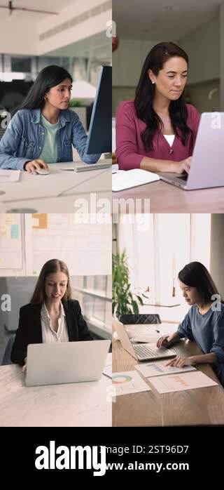 Group of young attractive multiethnic businesswomen working on laptop ...