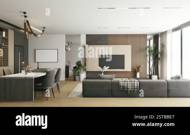 A modern, open-concept living space featuring a sleek sofa, dining area ...