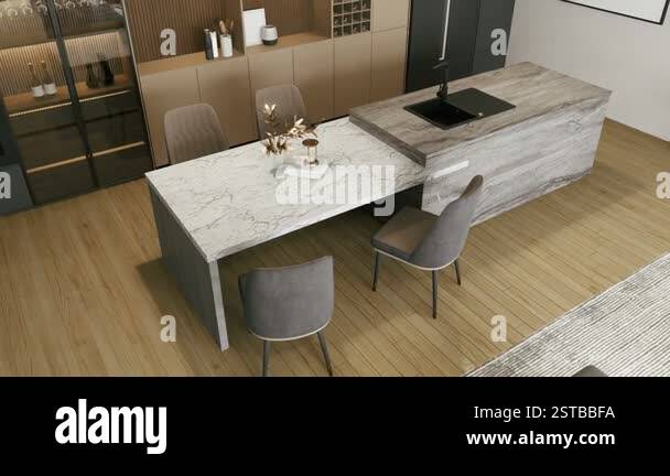 A modern kitchen featuring a sleek marble dining table, stylish chairs ...